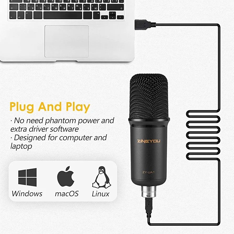 ZINGYOU USB Microphone Bundle ZY-UA1 PC Laptop Recording Condenser Mic ...
