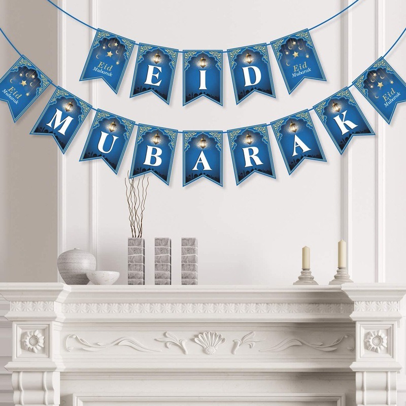 2023 Hari Raya - Eid Mubarak Blue Bunting Banner Pull Flag Decorations ...