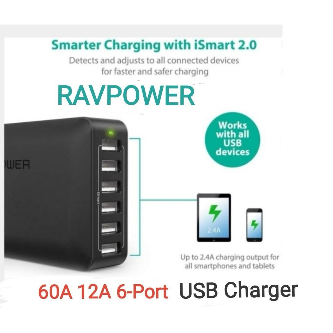 2228) RAVPOWER 60W 12A ISMART FAST HIGH PERFORMANCE HIGH POWER 6-PORT ...