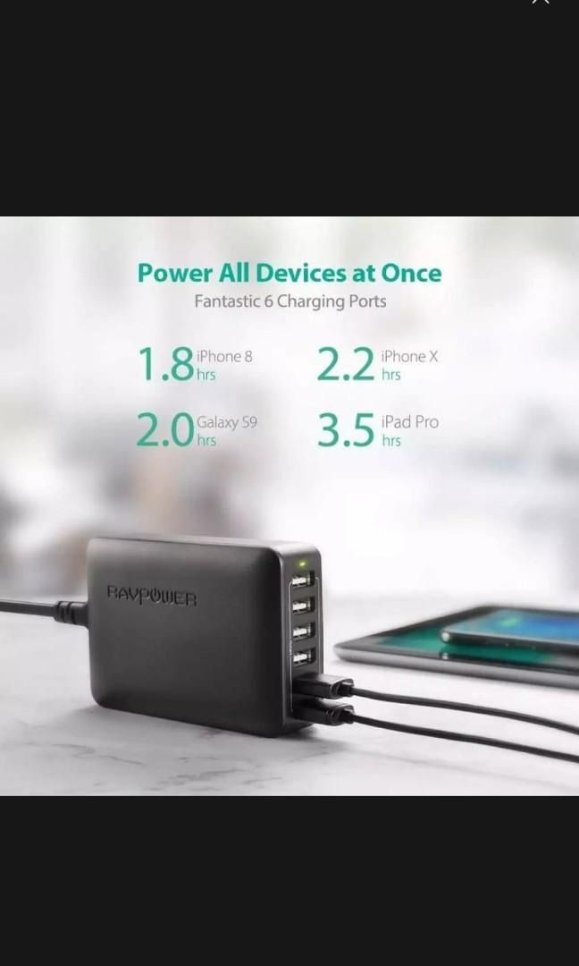 2228) RAVPOWER 60W 12A ISMART FAST HIGH PERFORMANCE HIGH POWER 6-PORT ...