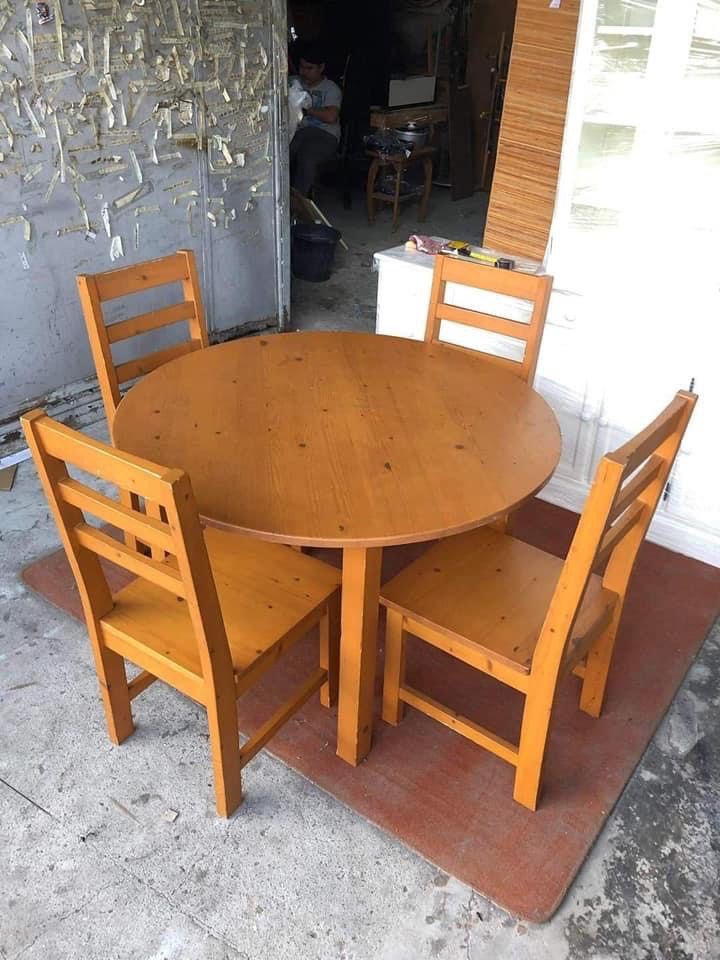 4-seater round pinewood dining table Table : 42D x 28H inches Chairs ...