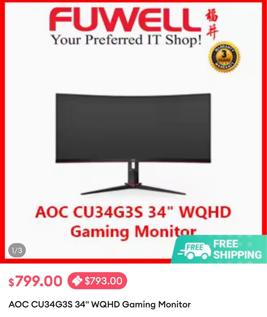 AOC 34" Ultrawide 1000R Curve 4k Gaming Monitor 3440x1440 HDR 165Hz ...