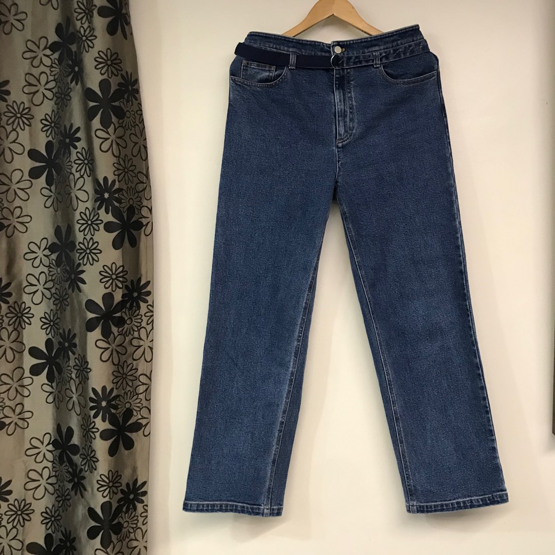 Deep Blue High Rise Straight Cut Semi-Baggy Jeans with Belt, Women's ...