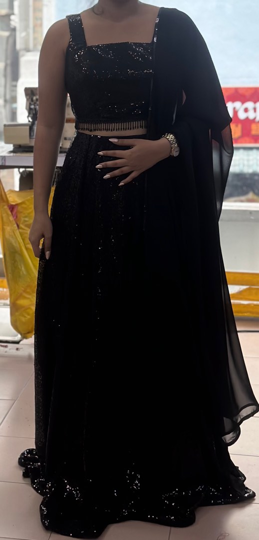 Full Black Sequin Lehenga, Women's Fashion, Dresses & Sets, Traditional ...