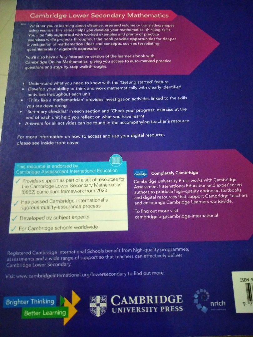 NEW Cambridge Lower Secondary Mathematics Learner's Stage 8 Book with Digital Acces (1 Year ...