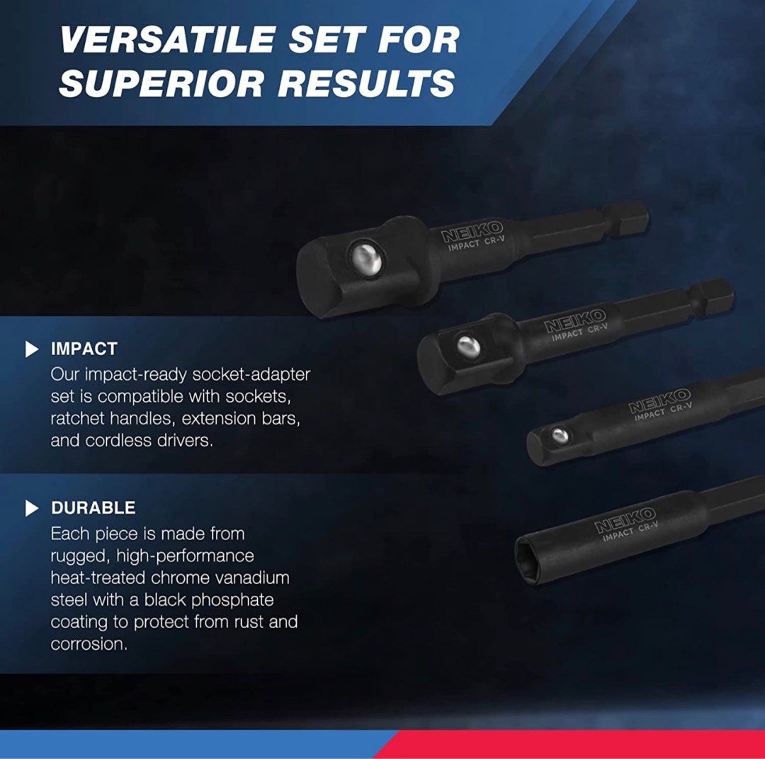 New NEIKO Impact Socket Adapter and Magnetic Bit Holder Set | 4-Piece Set | 1/4-Inch Hex Shank ...