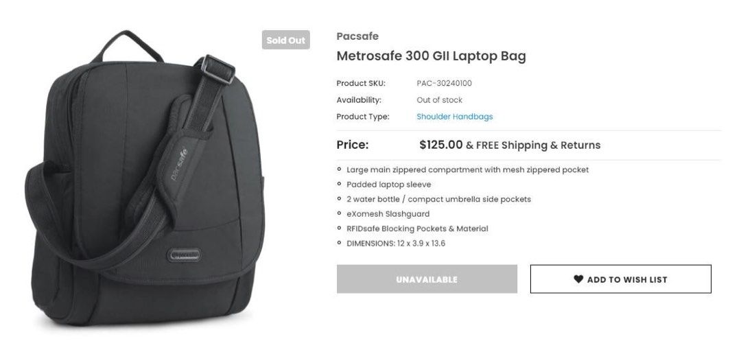 PacSafe: Metrosafe 300 GII Laptop Bag, Men's Fashion, Bags, Backpacks ...