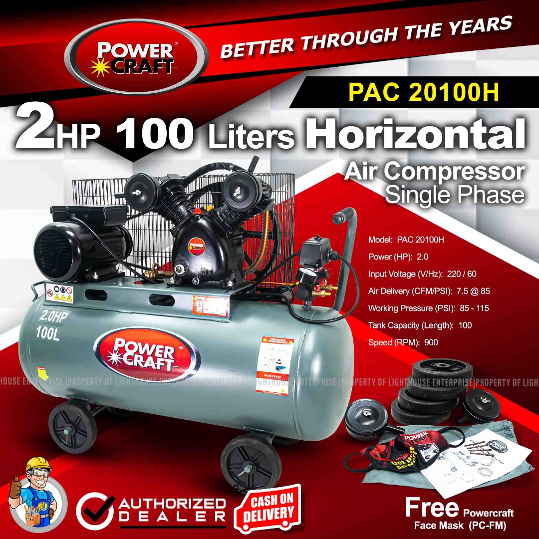 POWERCRAFT 2HP (100L) Single Phase Air Compressor Horizontal (PAC ...