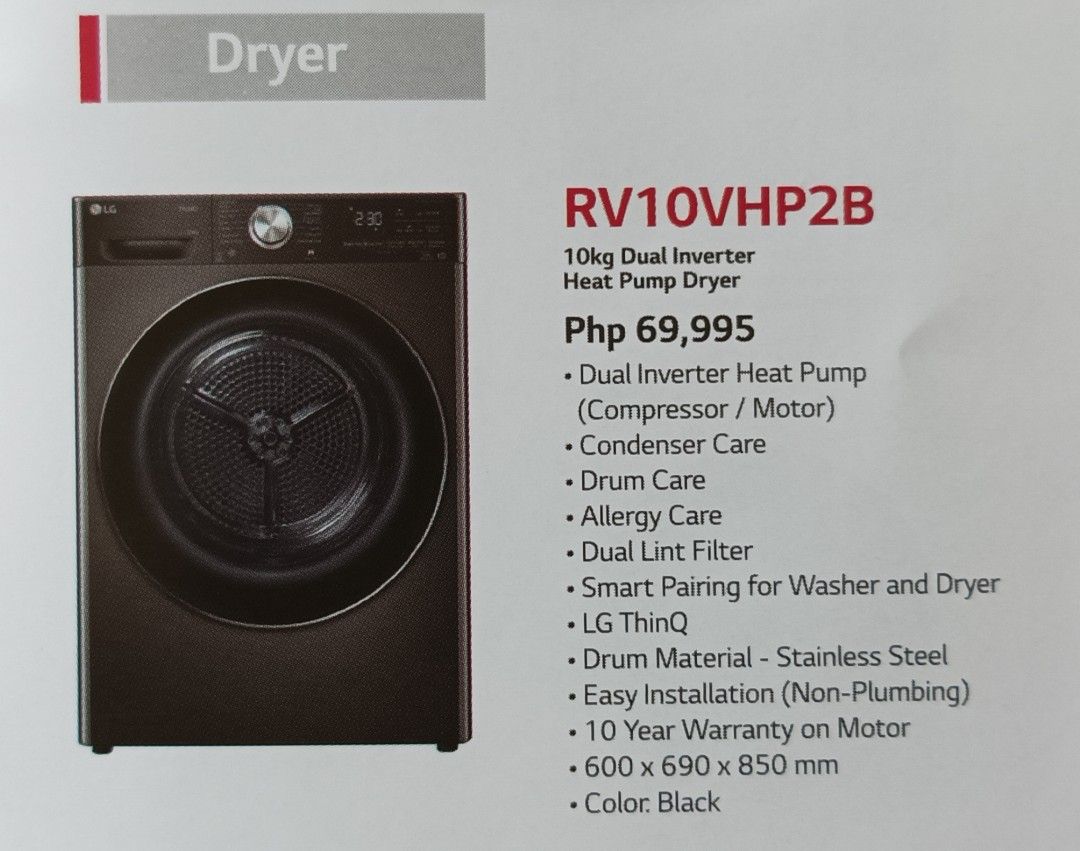 🔥SALE🔥LG 10KG INVERTER FRONT LOAD DRYER RV10VHP2B, TV & Home Appliances ...