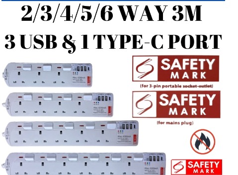 TIMER Premier Electrical Extension Socket Plug With 3 USB 1 TYPE C Port ...