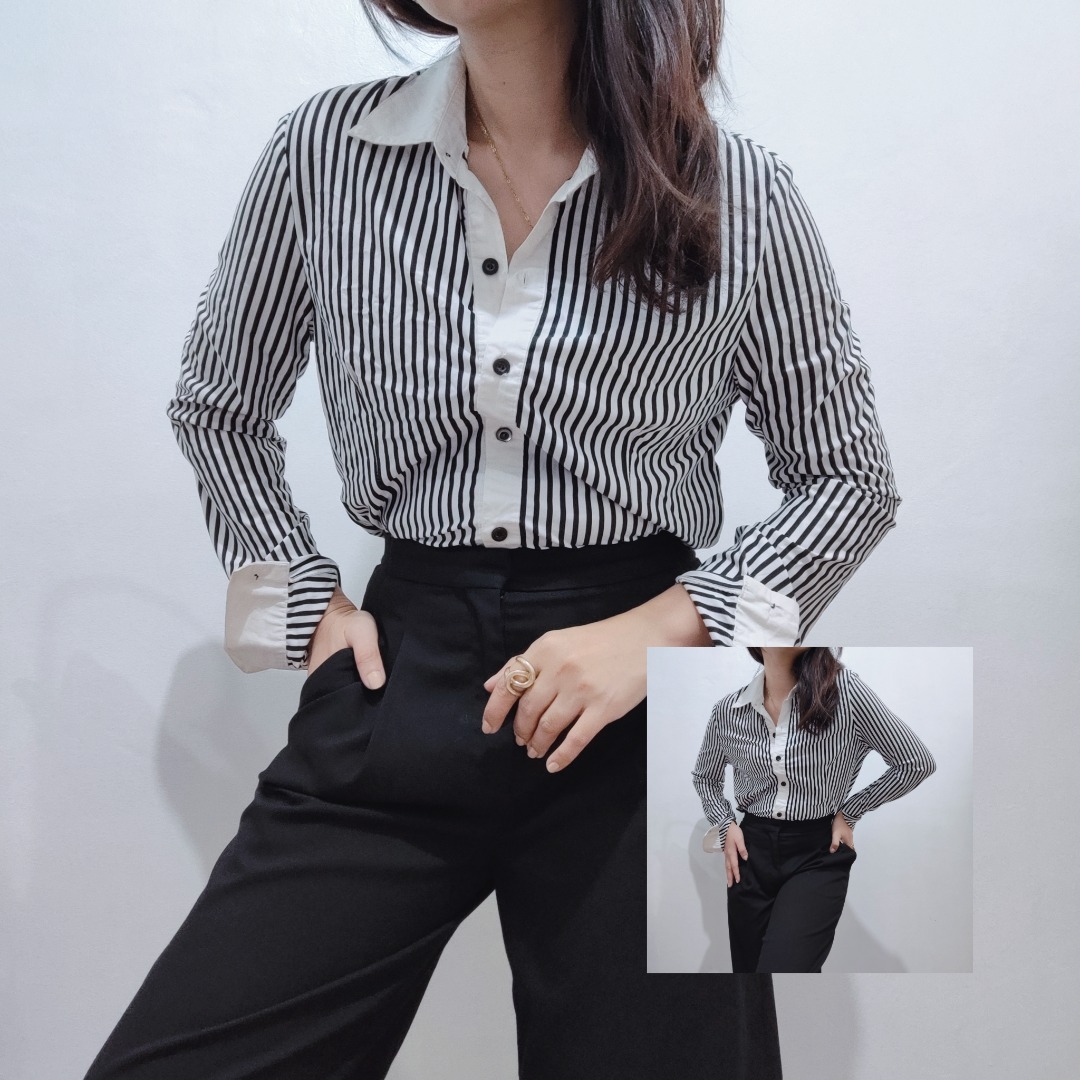 BLACK AND WHITE LONG SLEEVES OFFICE BLOUSE WITH VERTICAL LINES AND ...