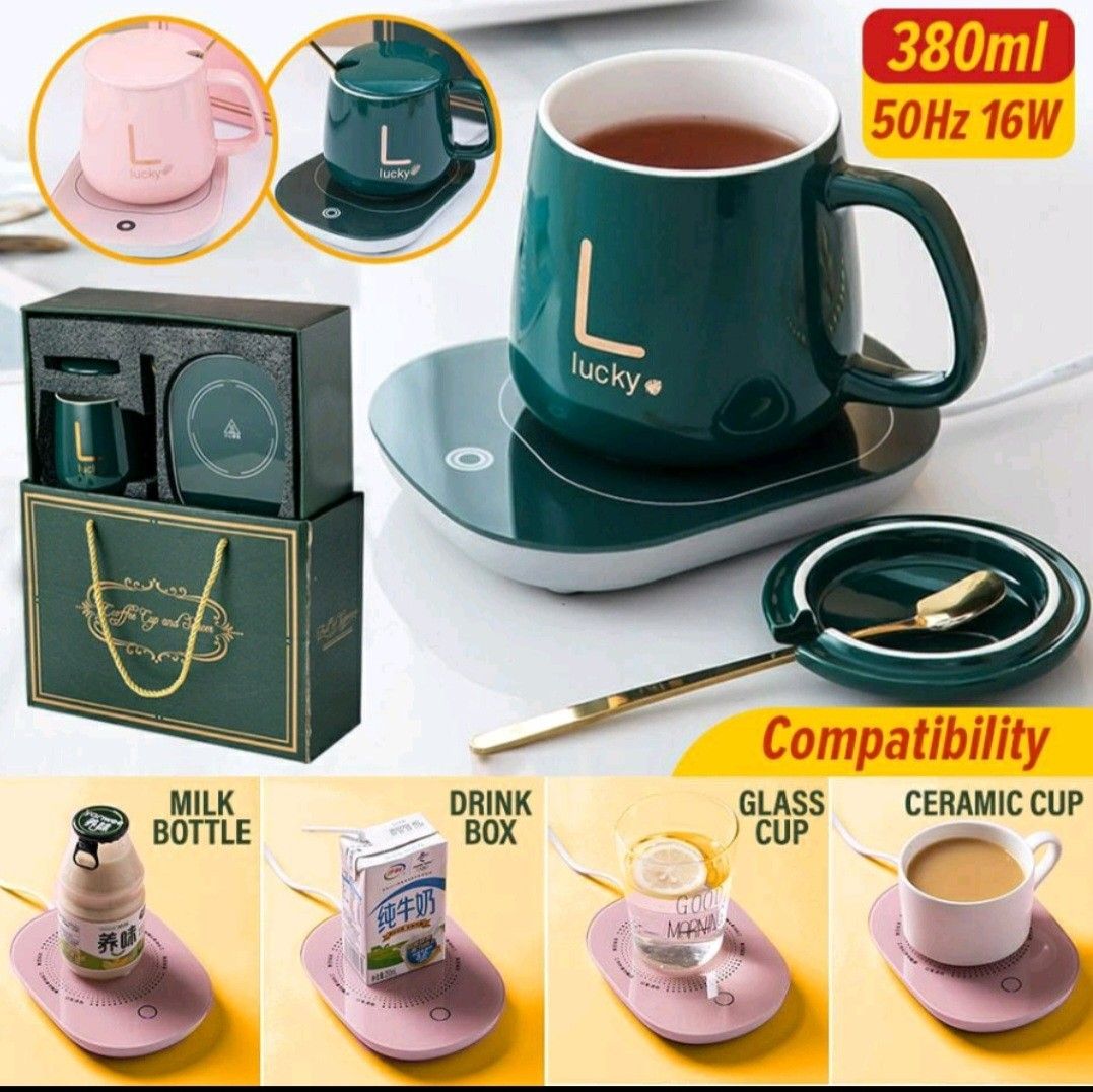 Gift set gelas cantik kramik mug lengkap dengan alat pemanas dan sendok ...