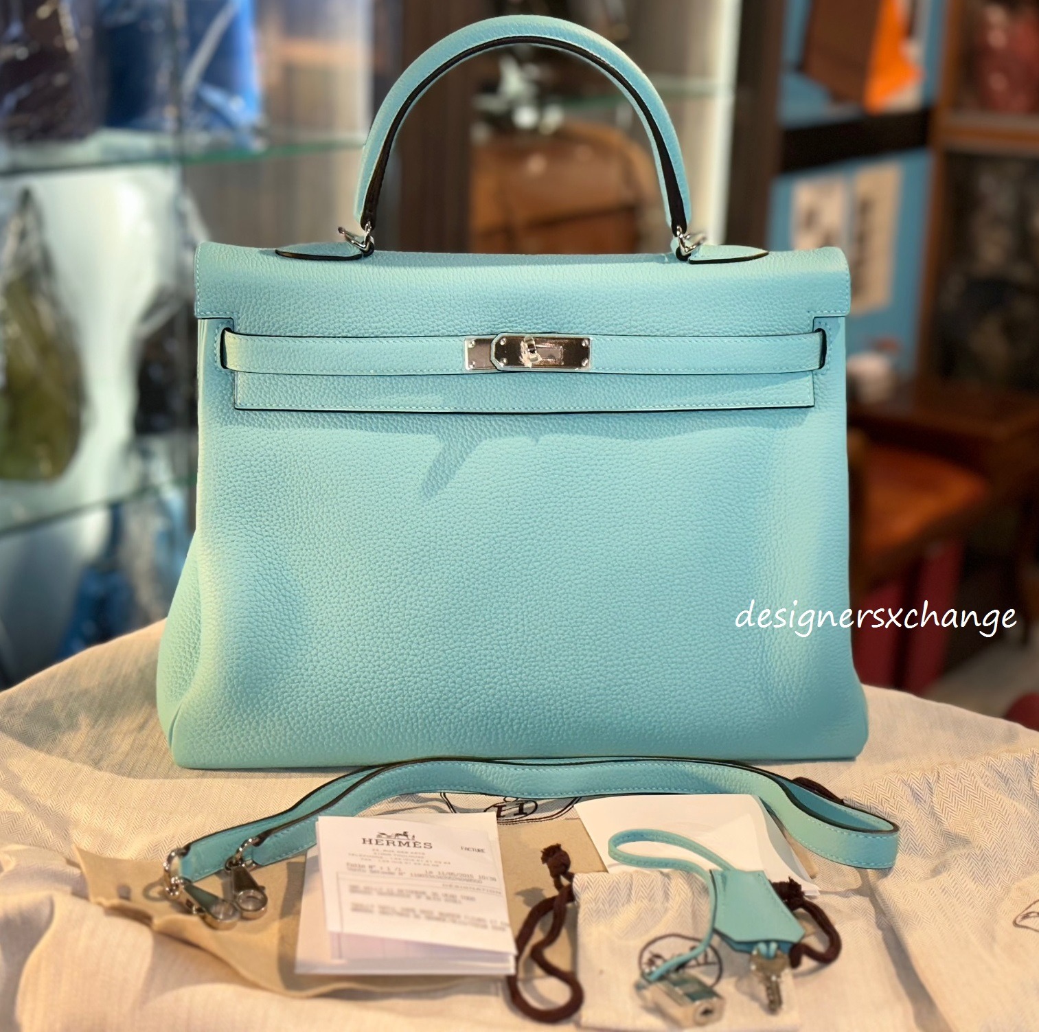 Hermes Kelly 35 Blue Atoll Togo Leather Palladium Brand NEW Full set ...