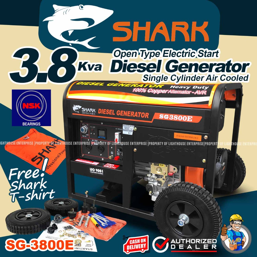 SHARK Open Type Electric Start Air-Cooled Diesel Generator (3.8KVA, 7 ...