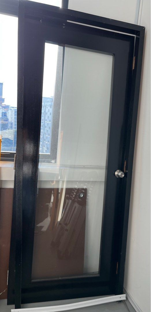 Solid wooden door with glass & frame, Furniture & Home Living, Security ...