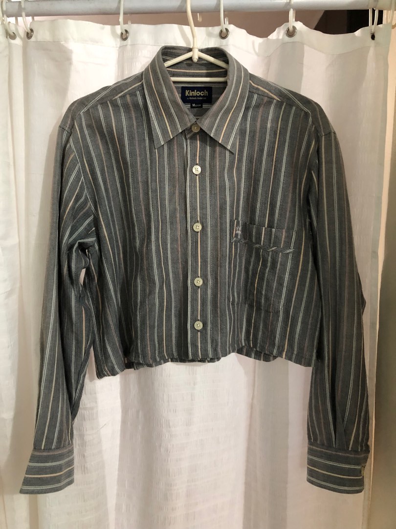 Vintage cropped long sleeves gray striped button down top, Women's ...