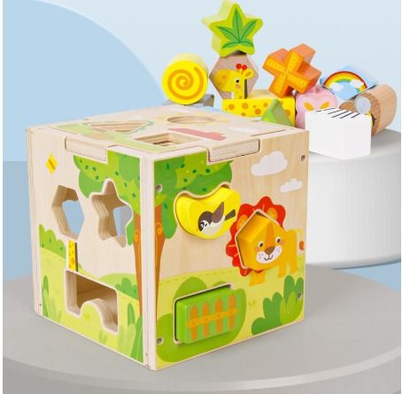 Wooden Educational Cube Shape Sorter Matching Toy Animal Geometric ...