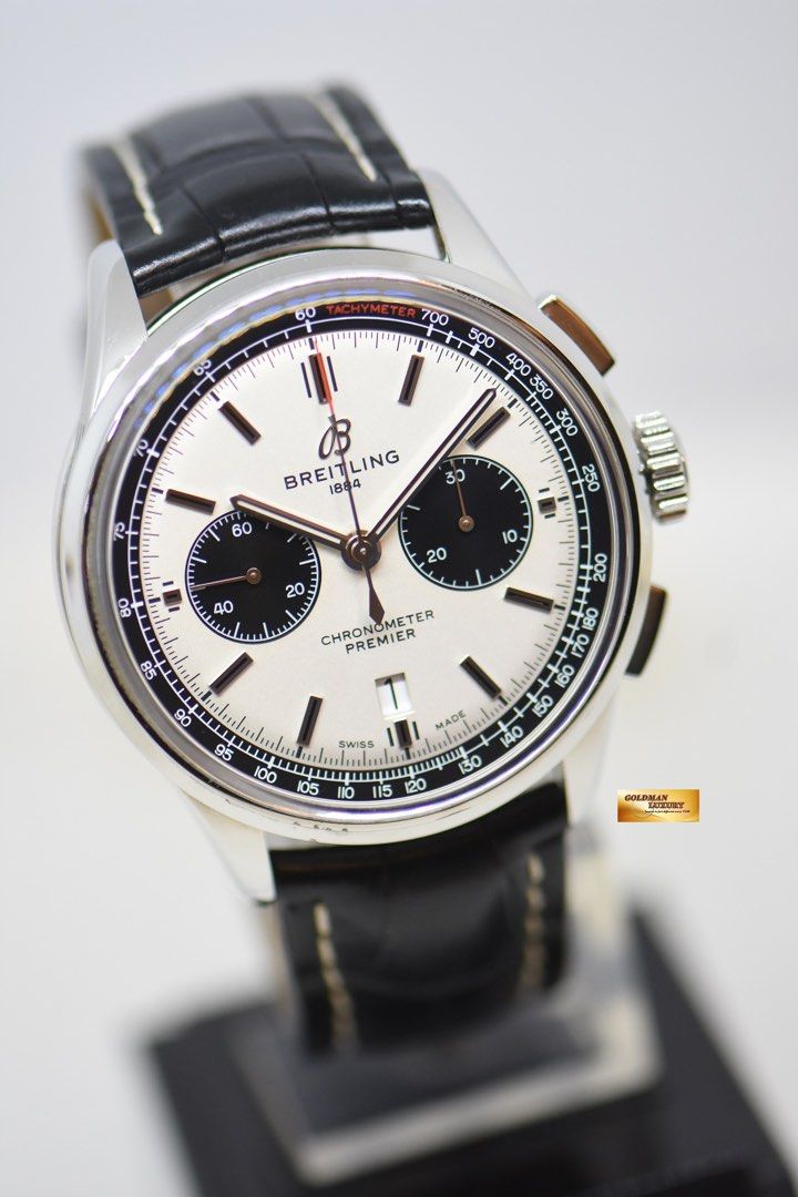 BREITLING PREMIER B01 CHRONOGRAPH 42mm STEEL IN LEATHER STRAP CREAM ...