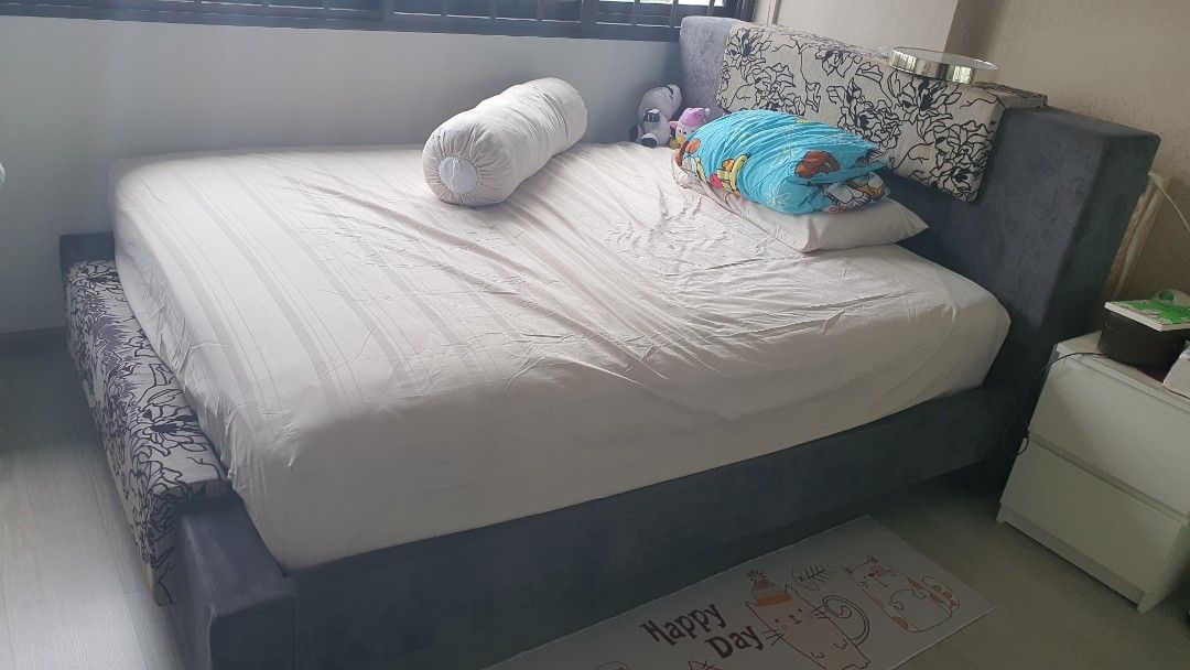 CELLINI dark grey fabric bedframe - queen size, Furniture & Home Living ...