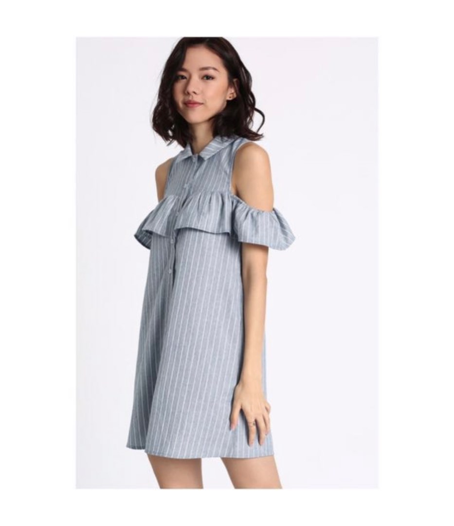 Fayrie Stripped Off Shoulder Shirt Dress, Women's Fashion, Dresses & Sets, Dresses on Carousell