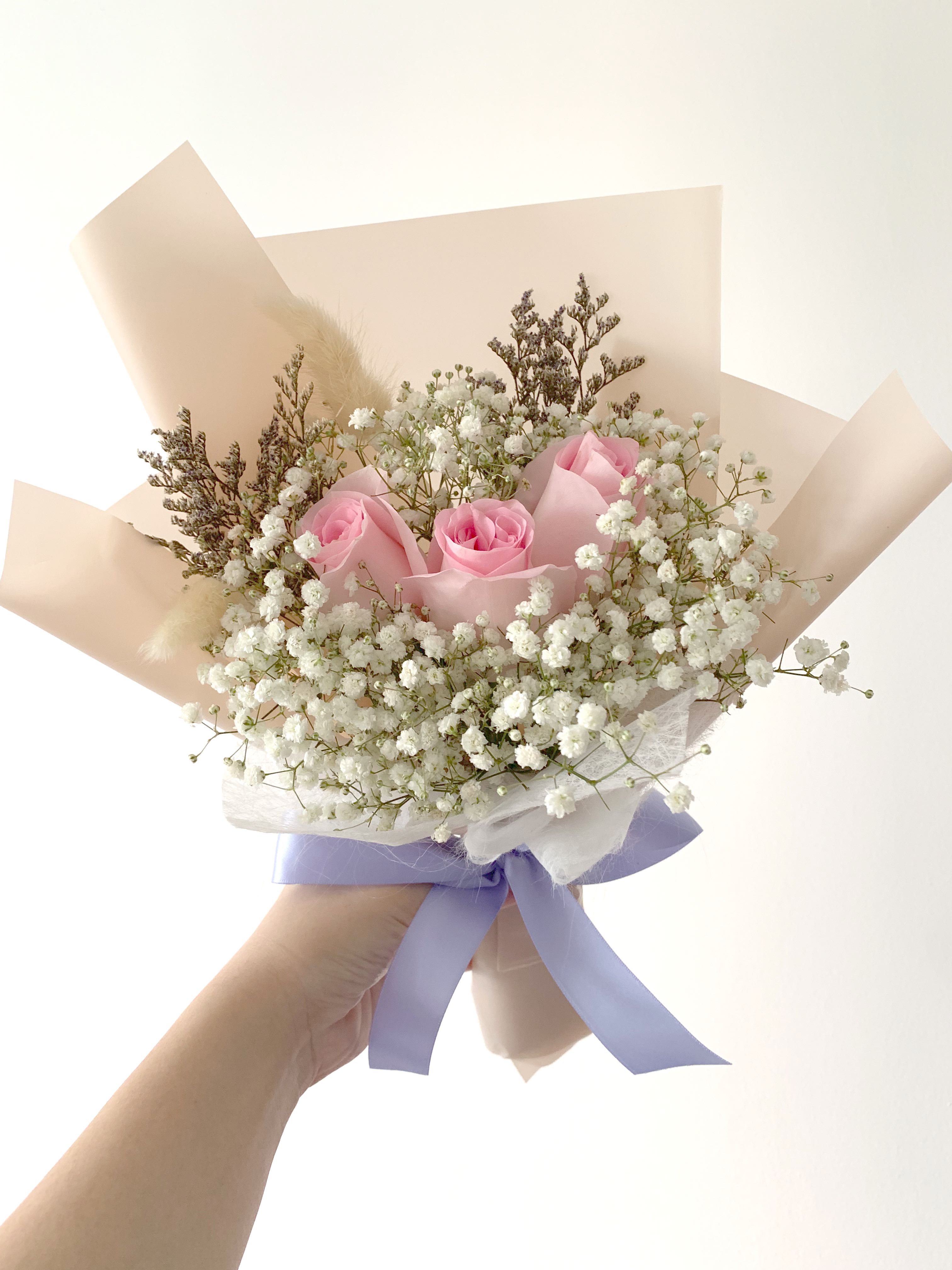 Kenya Pink rose with baby breath birthday bouquet, Hobbies & Toys ...