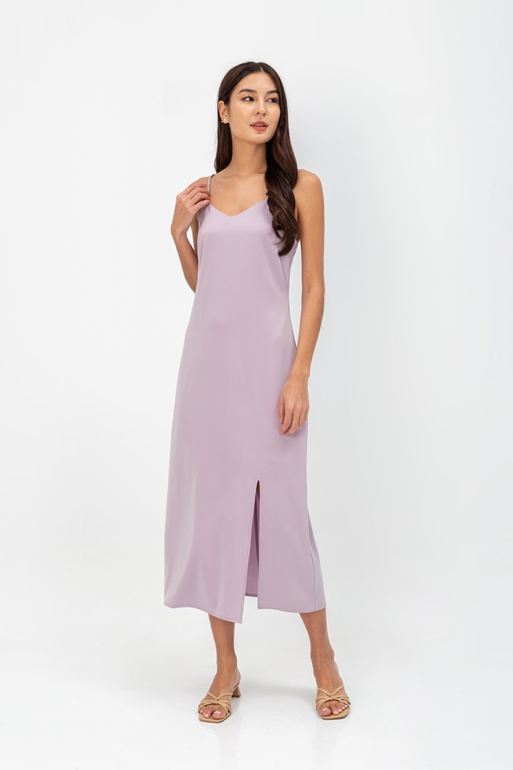LAB Aera Satin Slip Midi Dress in Lilac, Women's Fashion, Dresses ...