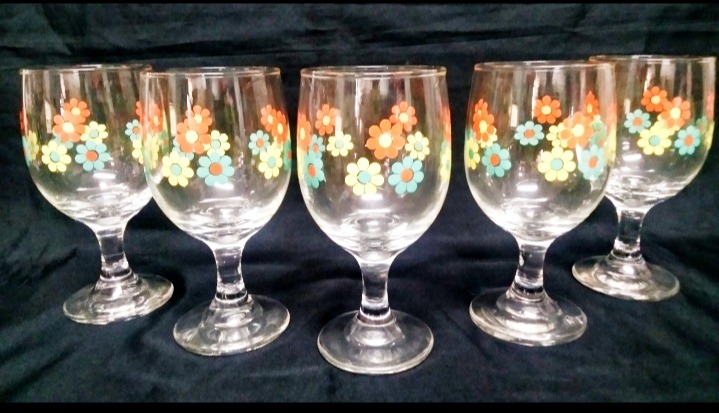 Sasaki Glass Stemware/ Showa Retro Flower Pattern Glass Goblets (5PC ...