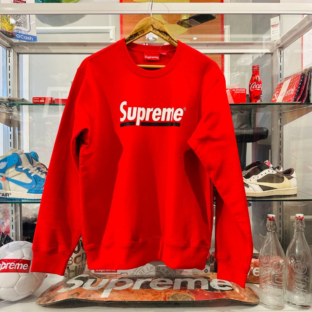 Supreme Underline Crewneck Red, Men's Fashion, Coats, Jackets and ...