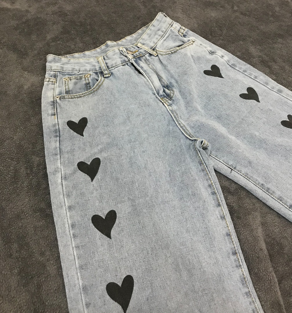 Acid Washed Denim High Wasted Printed Black Hearts Wide Leg Pants ...