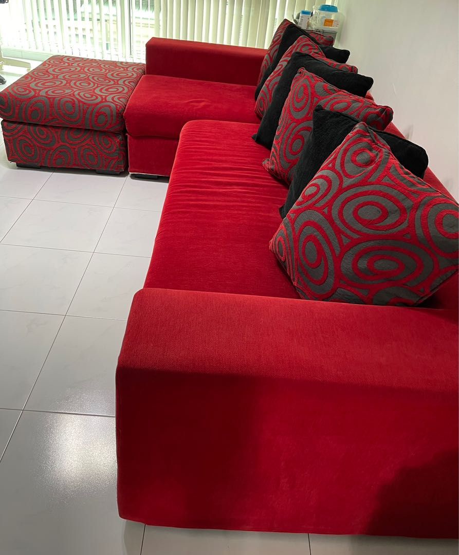 Beautiful L-Shape Red Fabric Sofa with Foot Stool, Furniture & Home ...