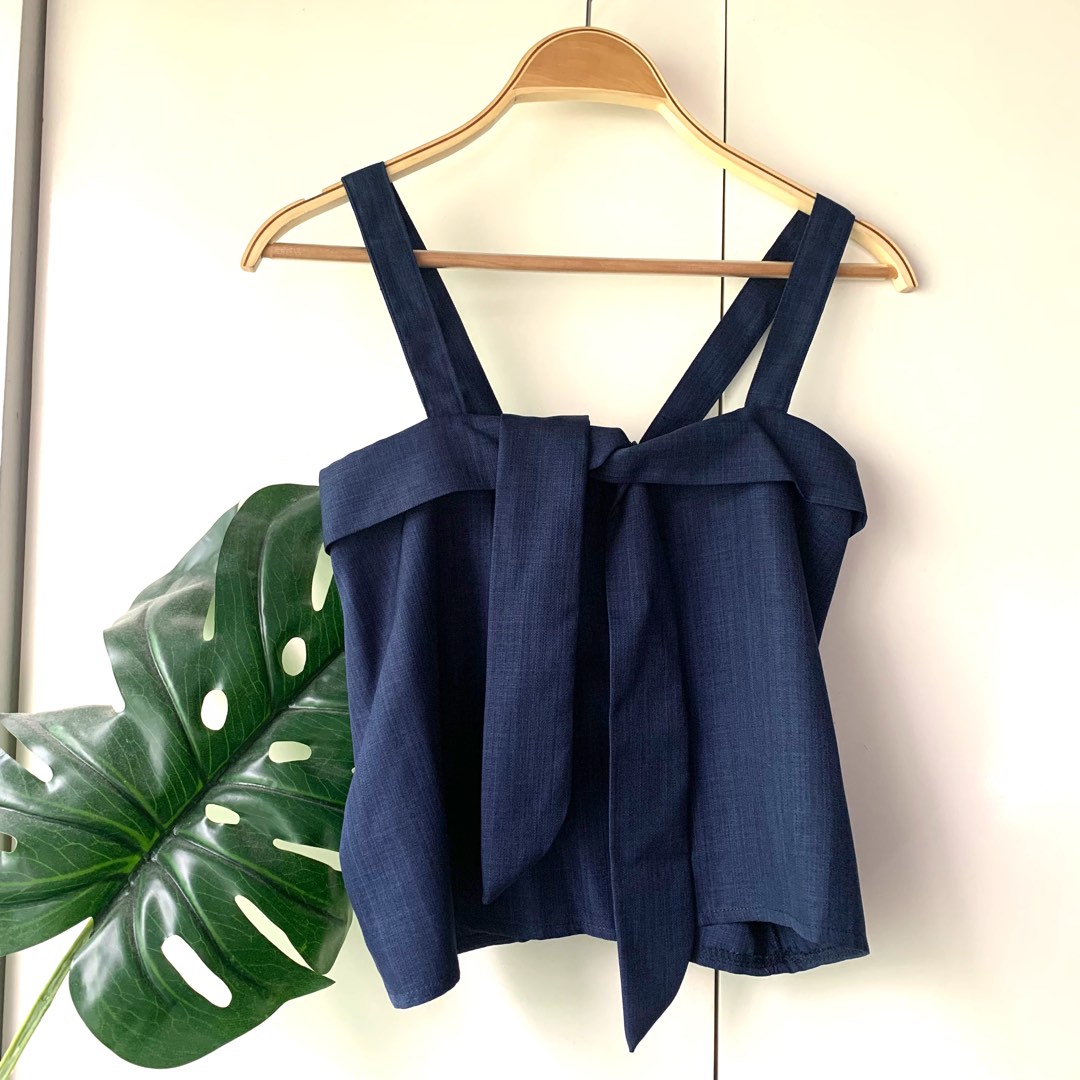 Dark Blue Square Spag Ribbon, Women's Fashion, Tops, Blouses on Carousell