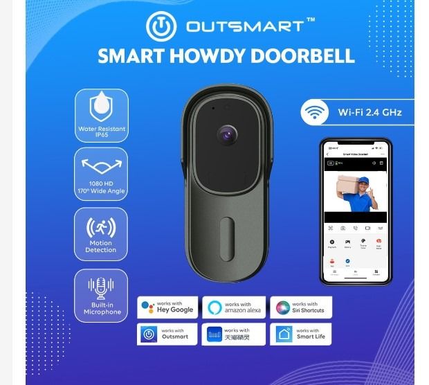 OUTSMART Wifi Smart Video Doorbell Door Viewer Howdy Camera NO DRILLING ...