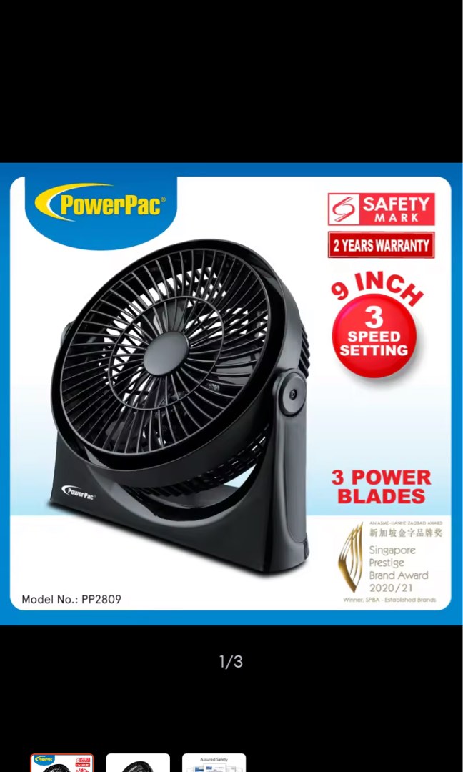 Portable Fan PowerPac 9 inch 3 speed, TV & Home Appliances, Other Home ...