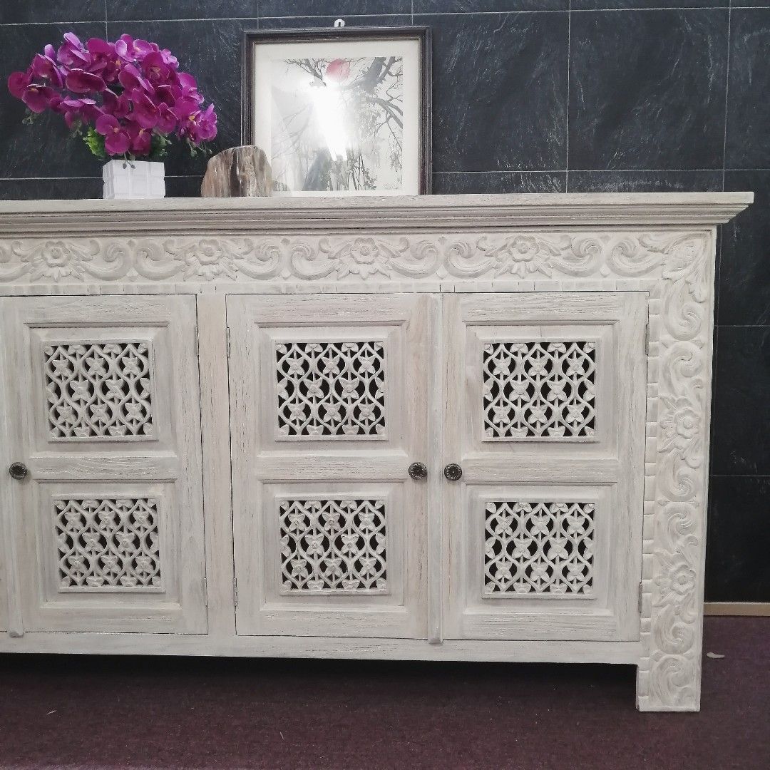 Solid Teak Wooden Balinese Buffet Sideboard 4 Door, Furniture & Home ...