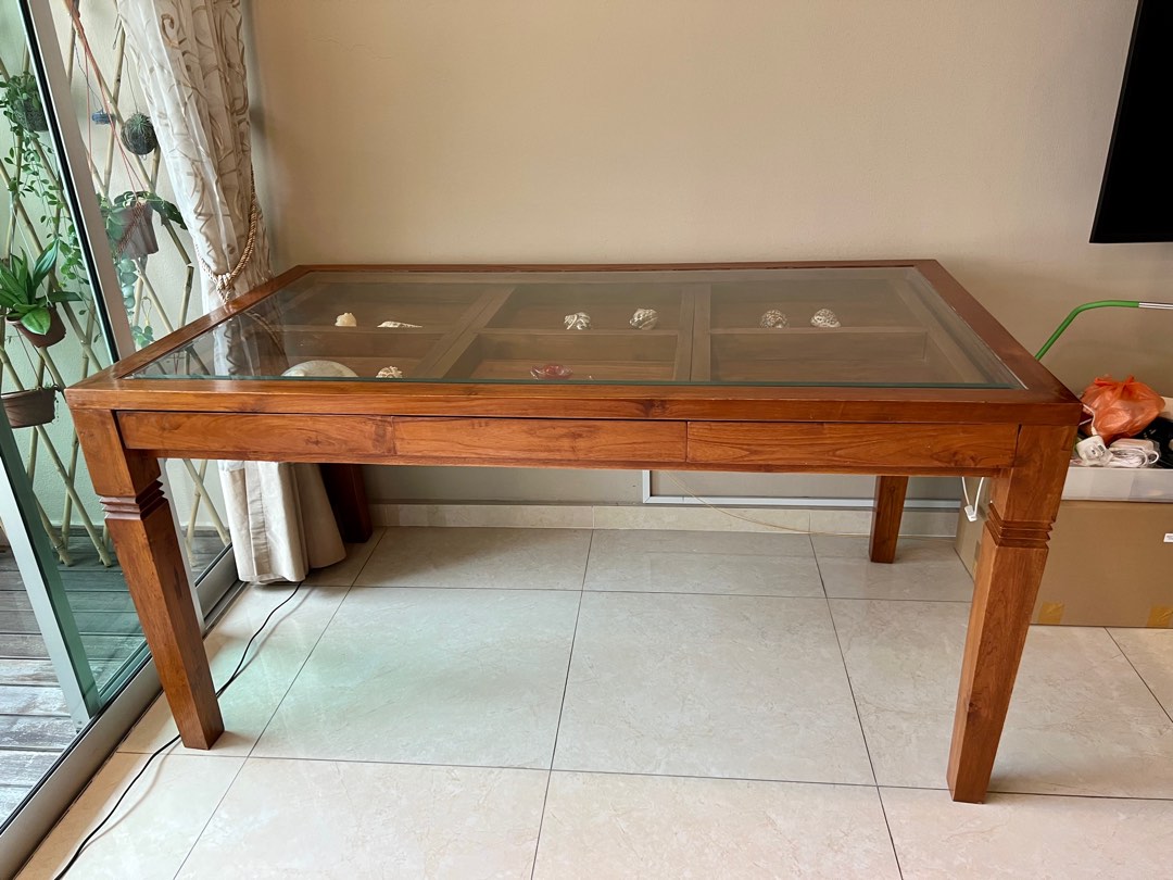 Teakwood table with glass top & display drawers, Furniture & Home ...