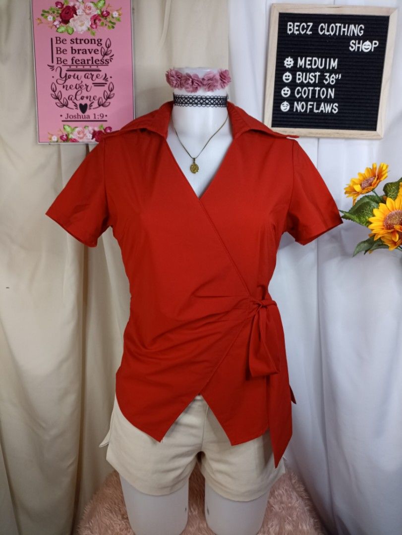 Women Office Blouse Formal Red Top Collar V neck, Women's Fashion, Tops ...
