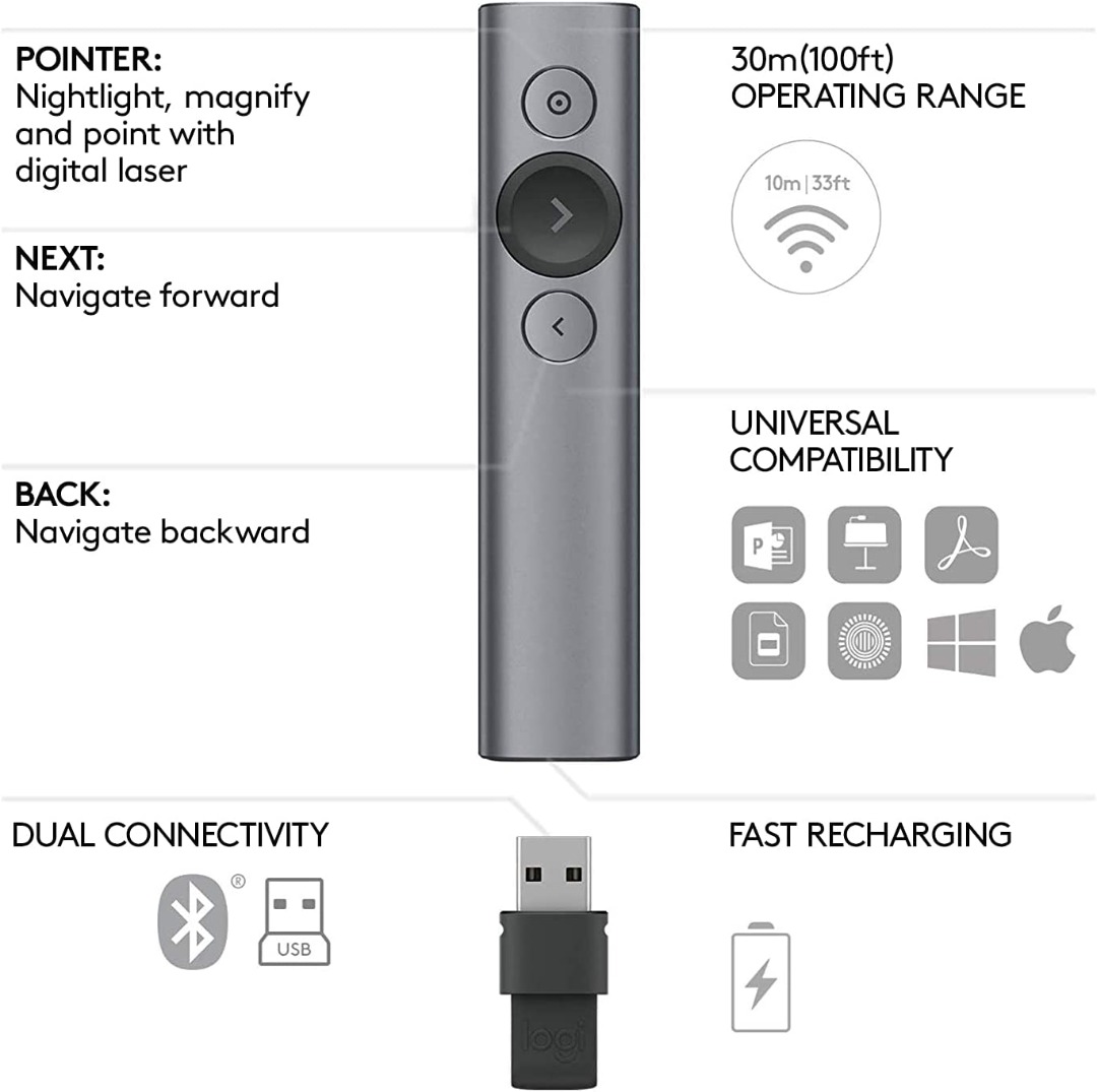 Logitech Spotlight Advanced Presentation Presenter Remote, Slate Dark ...