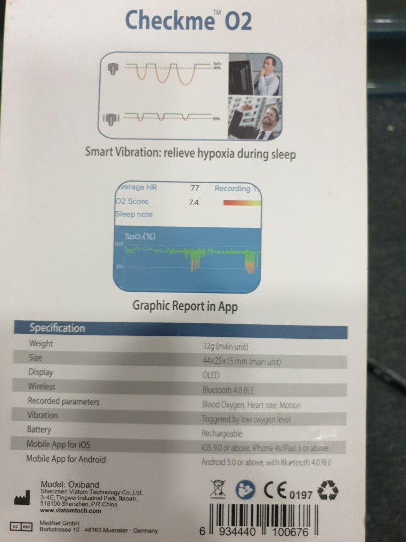 Viatom checkme O2 smart wrist pulse oximeter, Health & Nutrition ...