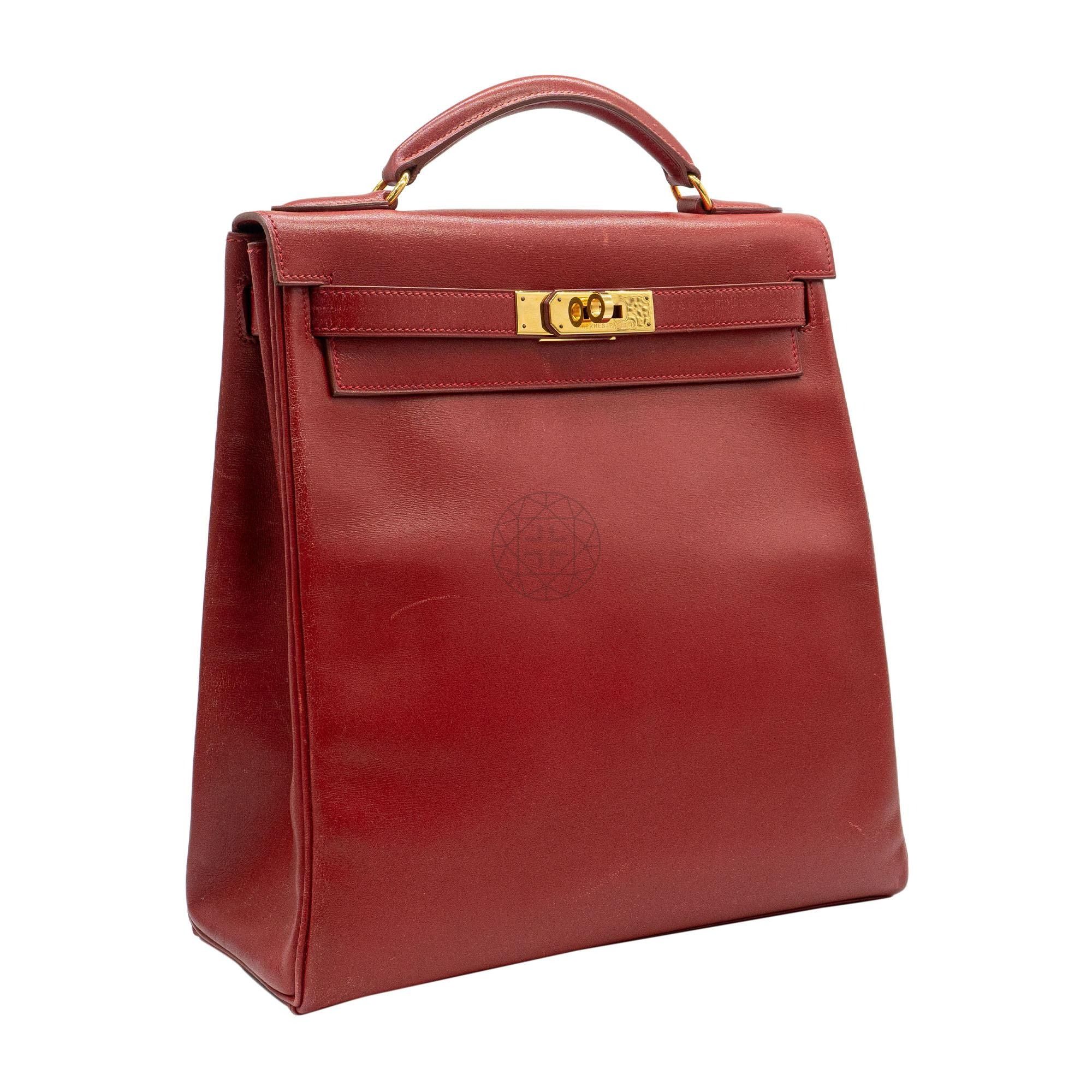 Hermes Vintage Kelly Ado GM Backpack in Rouge Vif Box Leather, Luxury ...