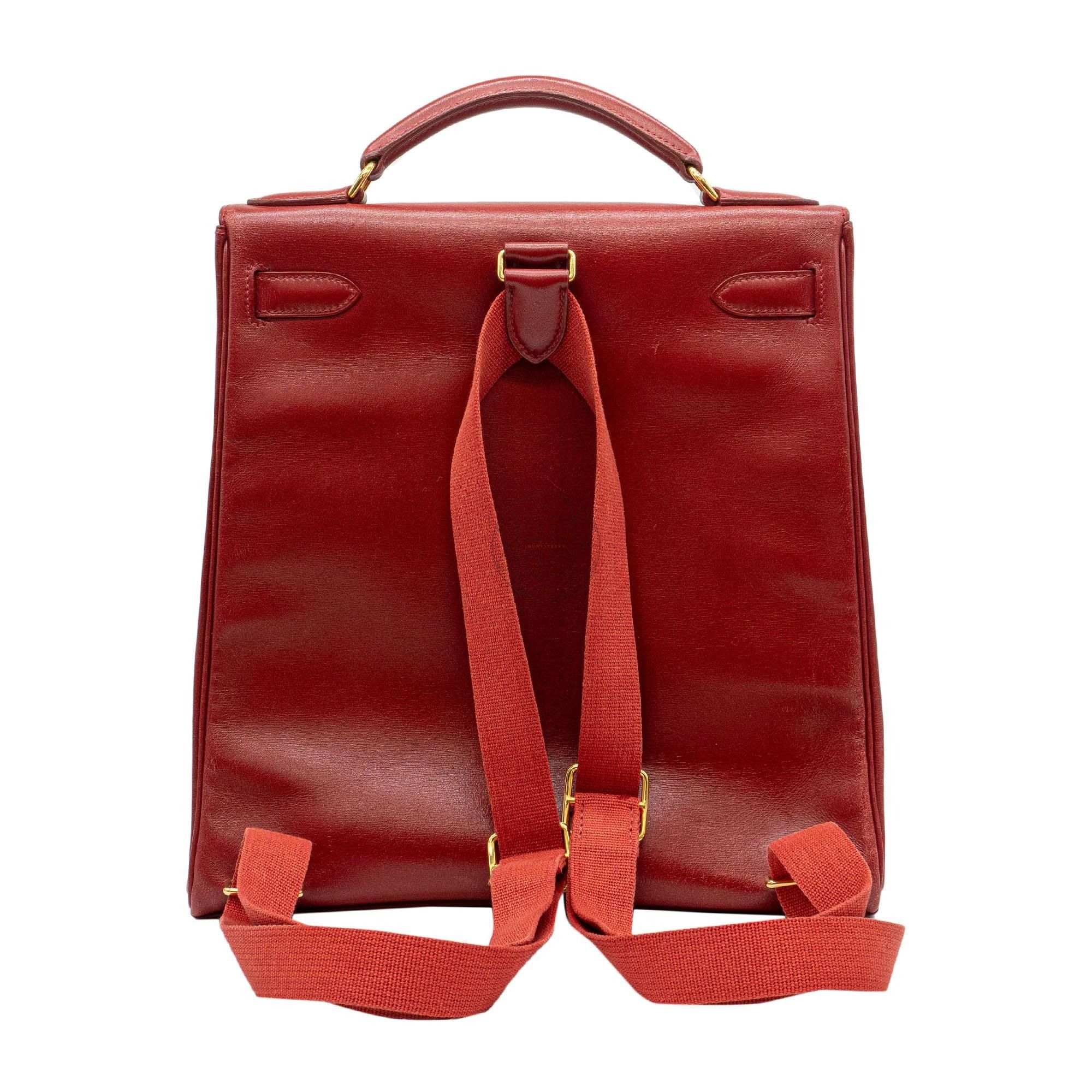 Hermes Vintage Kelly Ado GM Backpack in Rouge Vif Box Leather, Luxury ...