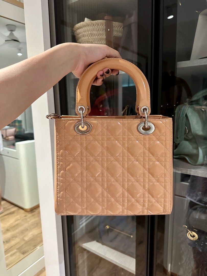 Authentic Christian Dior Beige Peach Patent Leather Lady Dior Medium ...
