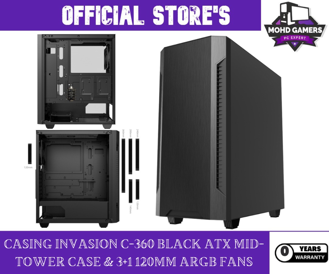CASING INVASION C-360 BLACK ATX MID-TOWER CASE & 3+1 120MM ARGB FANS ...