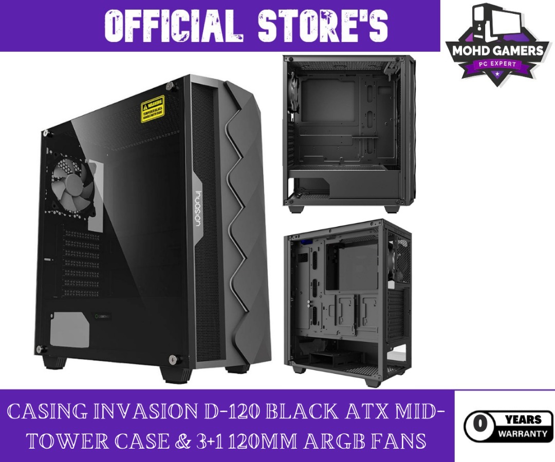 CASING INVASION D-120 BLACK ATX MID-TOWER CASE & 3+1 120MM ARGB FANS ...