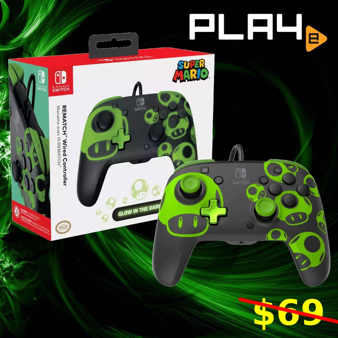 Nintendo Switch PDP Rematch Wired Controller 1UP Glow in the Dark ...