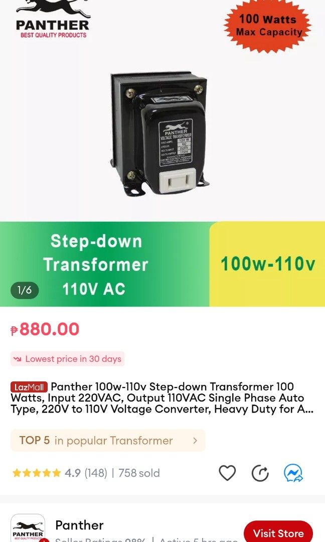 Panther Step-Down Transformer 100W - 110V, TV & Home Appliances ...