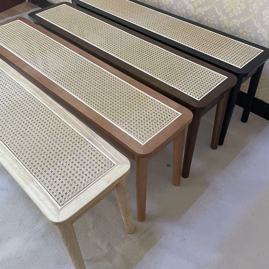 Rattan Dining Bench Shoe Foyer Balcony Wooden Zen Weave Bench Wabi sabi ...