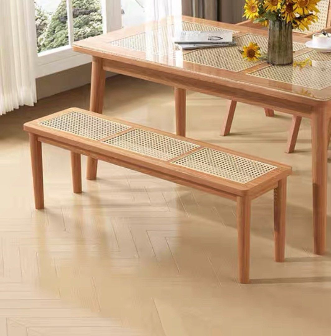 Rattan Dining Bench Shoe Foyer Balcony Wooden Zen Weave Bench Wabi sabi ...