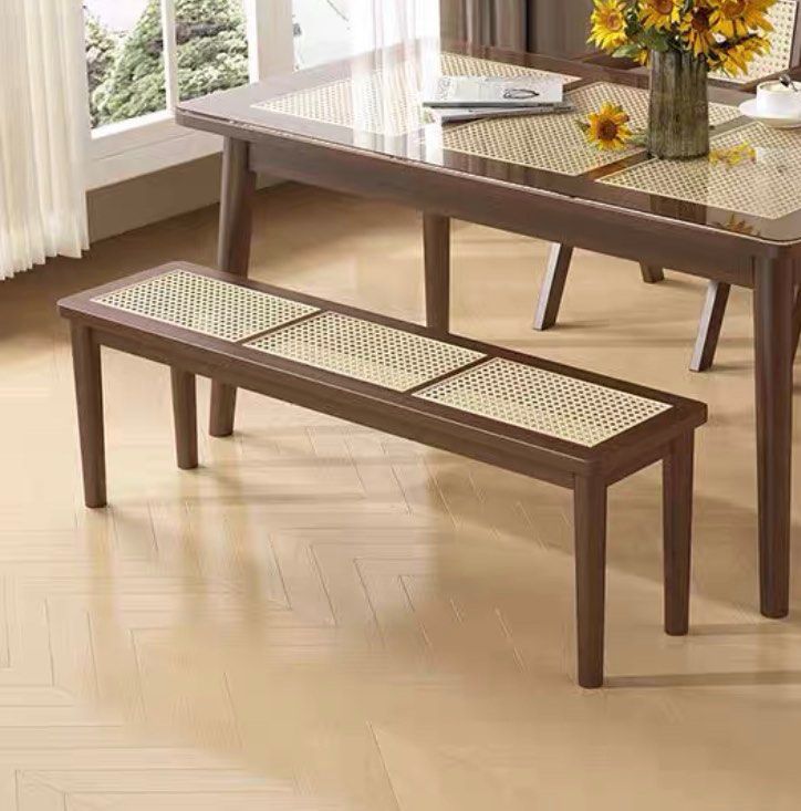 Rattan Dining Bench Shoe Foyer Balcony Wooden Zen Weave Bench Wabi sabi ...