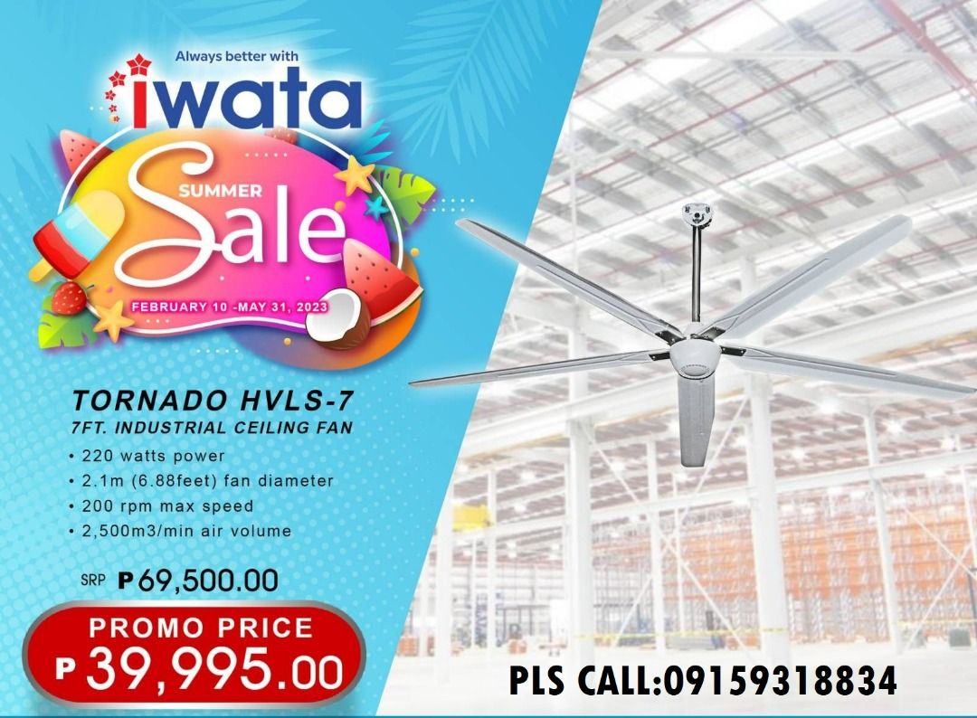 SALE! IWATA TORNADO HVLS-7 INDUSTRIAL CEILING FAN 7FT (HI-VELOCITY, LOW ...