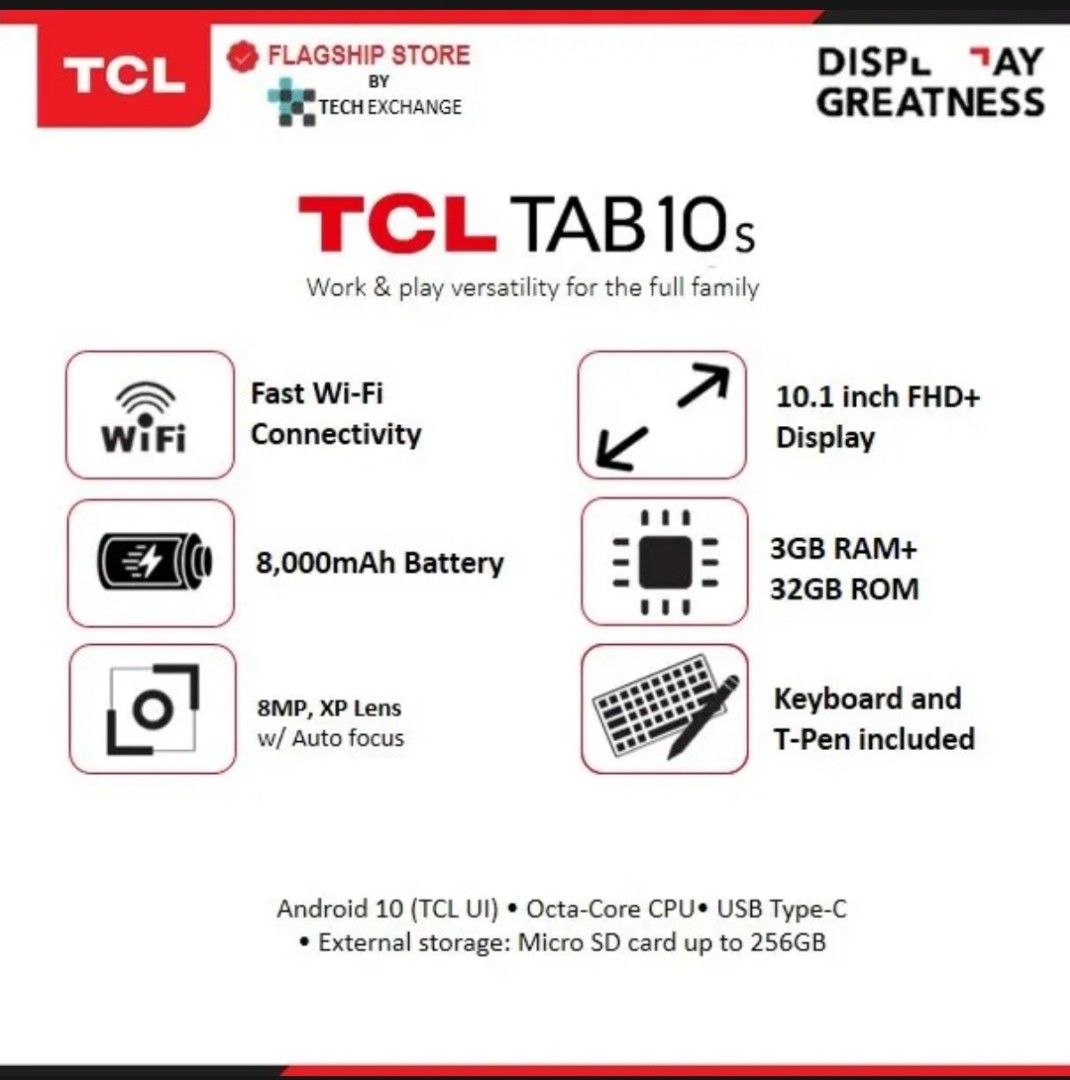 TCL TAB 10s 10.1 inches Tablet with Folio Keyboard and Pen, Mobile ...